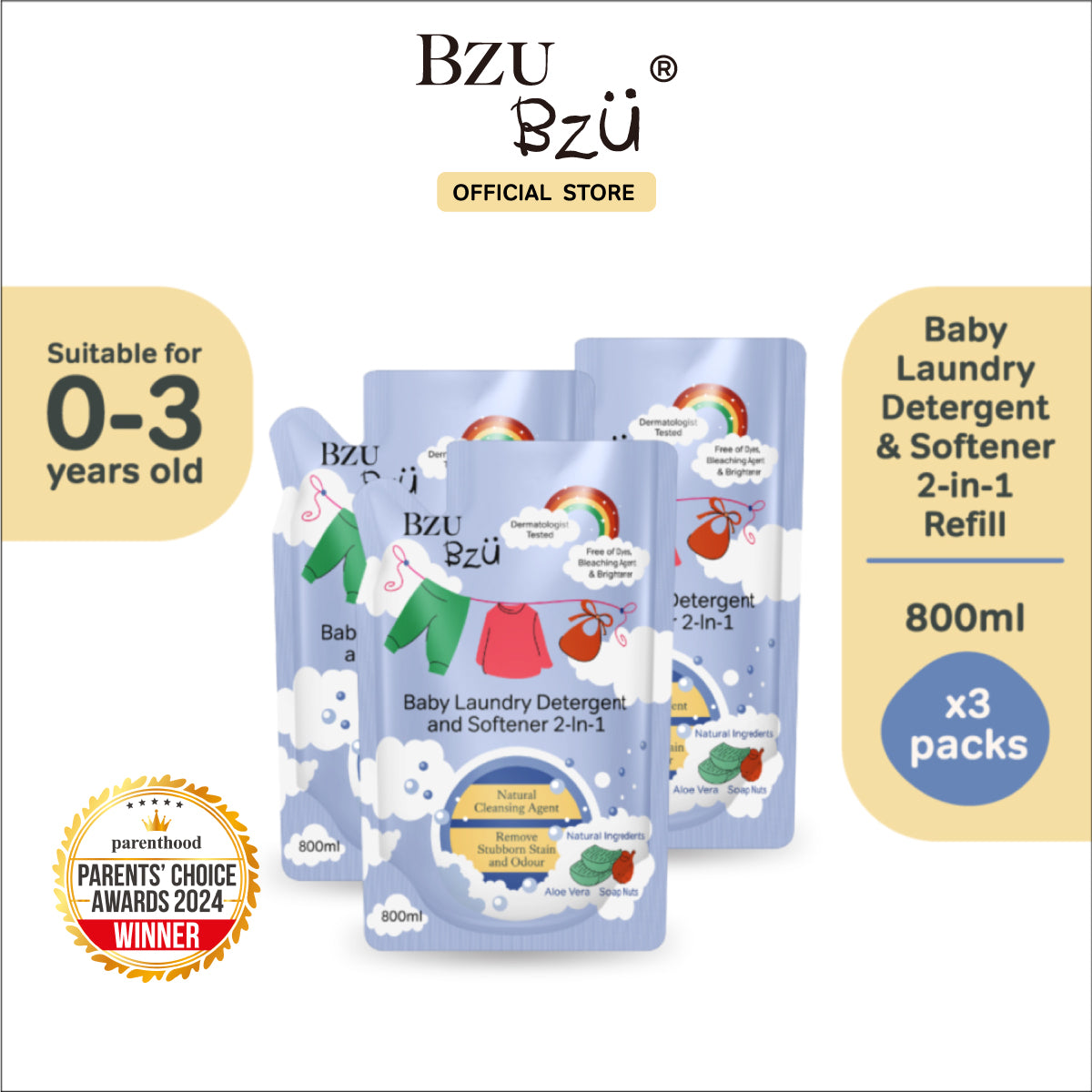 BZU BZU Baby Laundry Detergent & Softener 2-in-1 Refill, 800ml x 3 pac ...