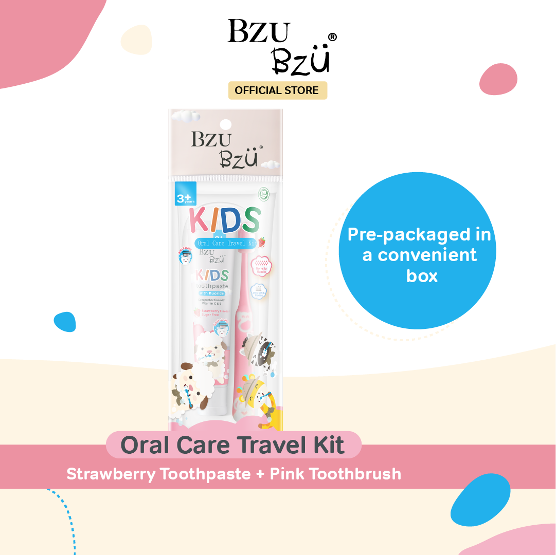 BZU BZU Kids Oral Care Travel Kit 3+ Years (Strawberry Toothpaste + Pi ...